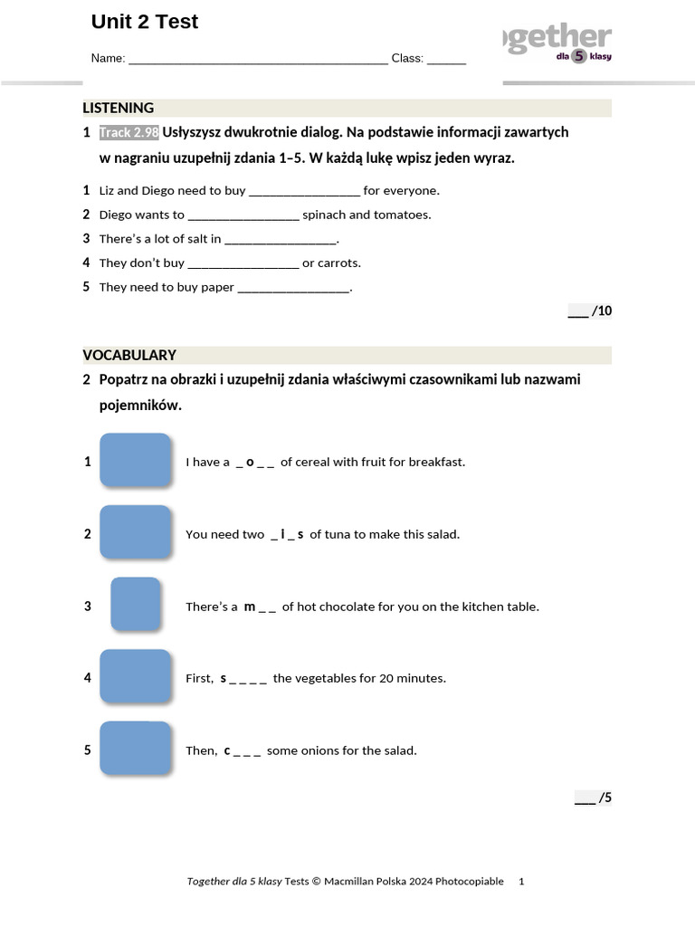 Together kl5 U2 Test For Dyslexic Students | PDF | Salad | Yogurt