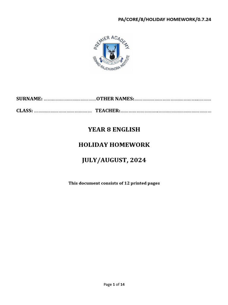 Year 8 English Holiday Homework | PDF