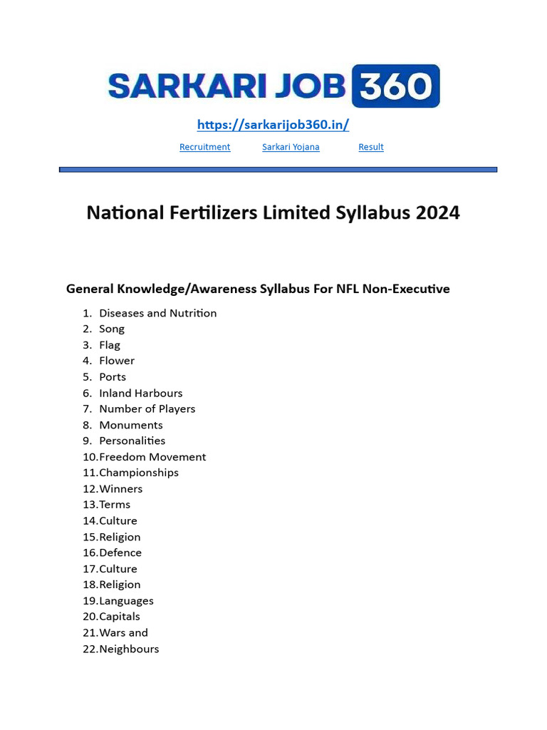 National Fertilizers Limited Syllabus 2024 | PDF