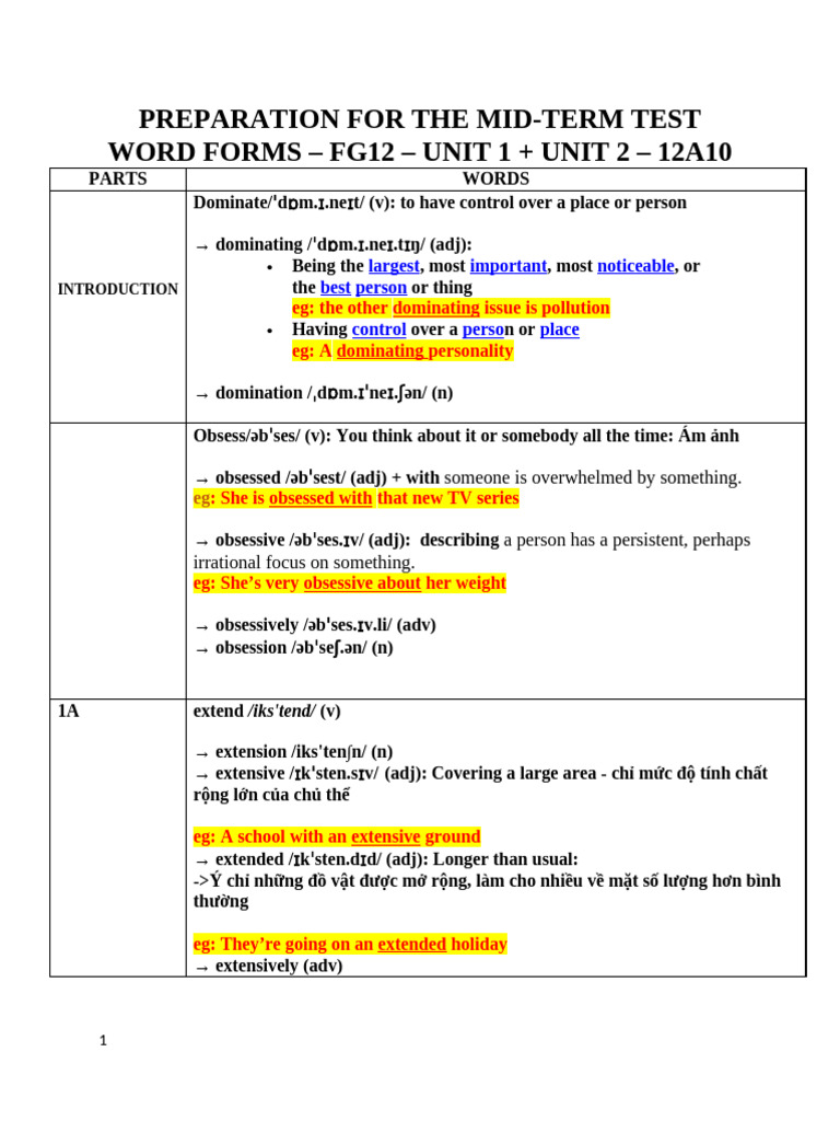 Mid-Term Test Preparation: Word Forms | PDF | Empathy | Psychology