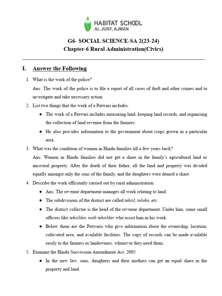 G6 - SST-Notes-Rural Administration-SA 2 (23-24) | PDF | Politics ...