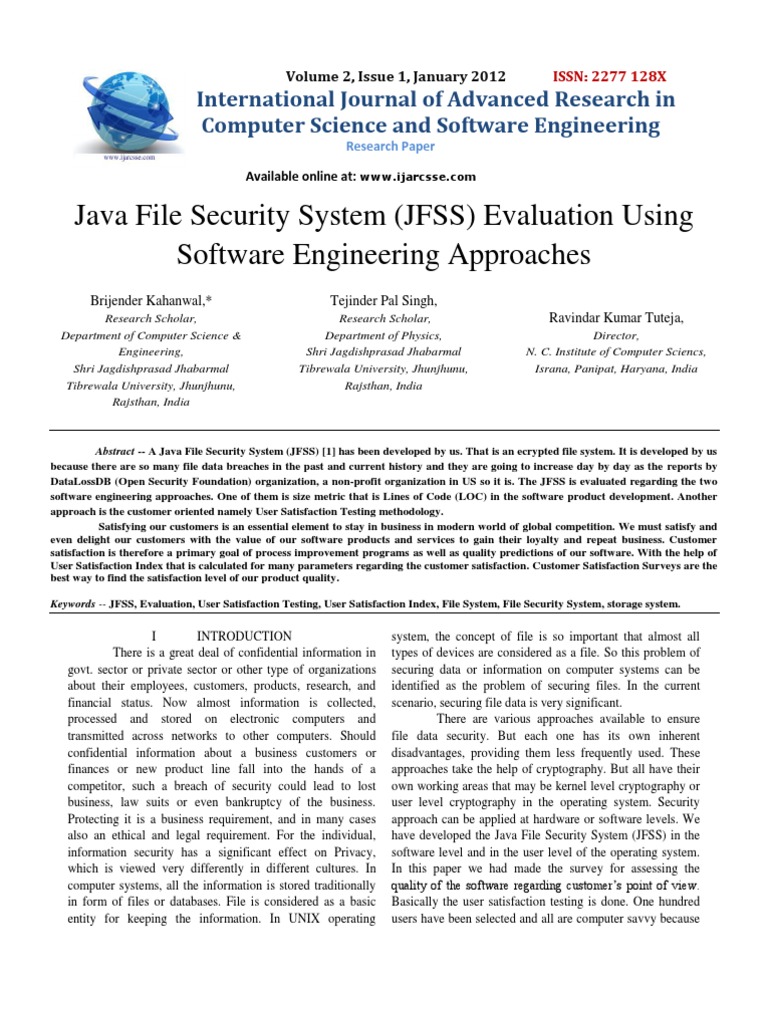 Java File Security System (JFSS) Evaluation Using Software Engineering ...