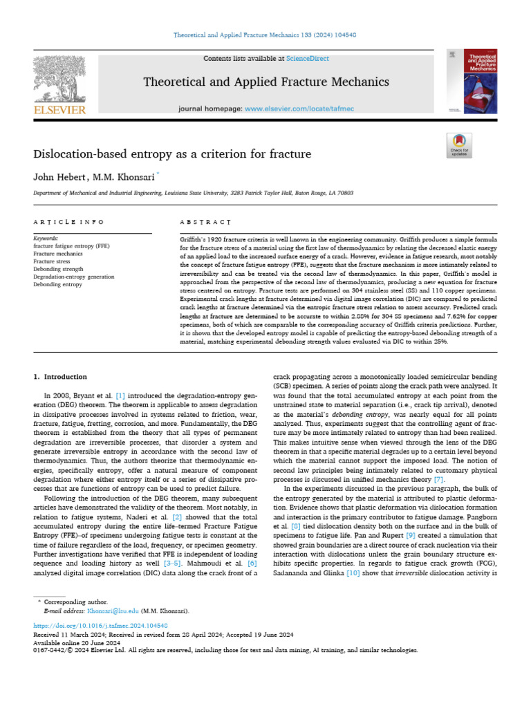 Dislocation-Based Entropy As A Criterion For Fracture | PDF | Fracture | Fracture Mechanics