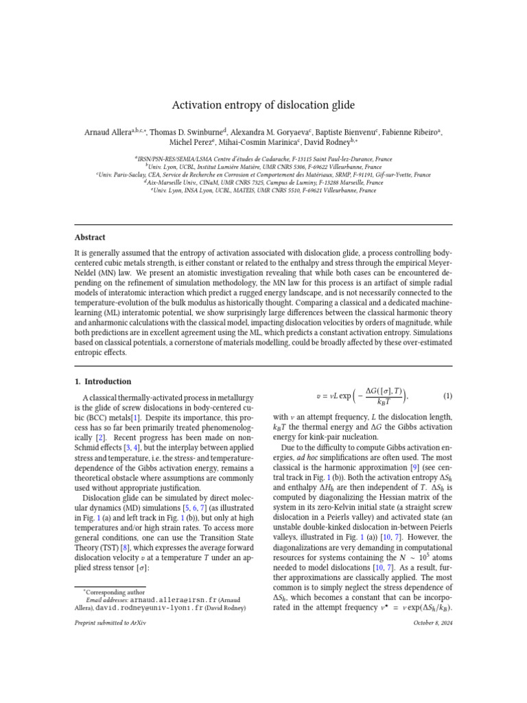 Activation Entropy of Dislocation Glide | PDF | Dislocation | Temperature