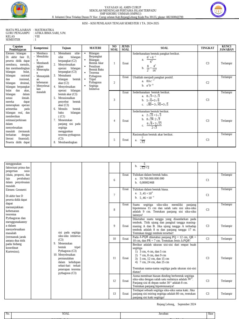 Kisi Kisi Pts Matematika Kelas 8 Pdf