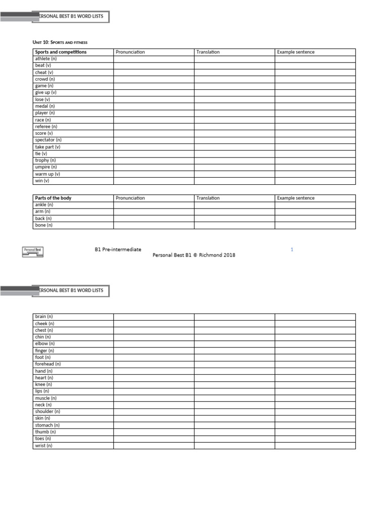 PB AmE B1 Word List U10 | PDF
