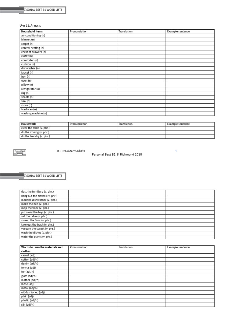 B1 Vocabulary: Household & Materials | PDF | Language Arts & Discipline