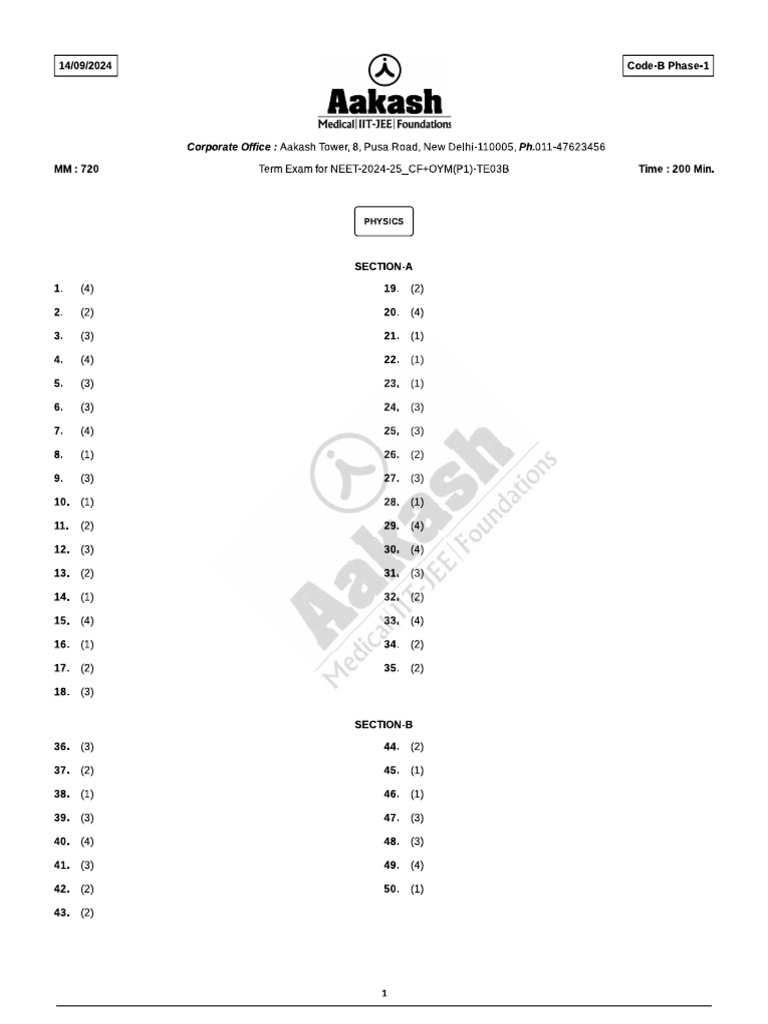 TE 03 (B) - OYM (P1) - 14 09 2024 - Answer Key | PDF