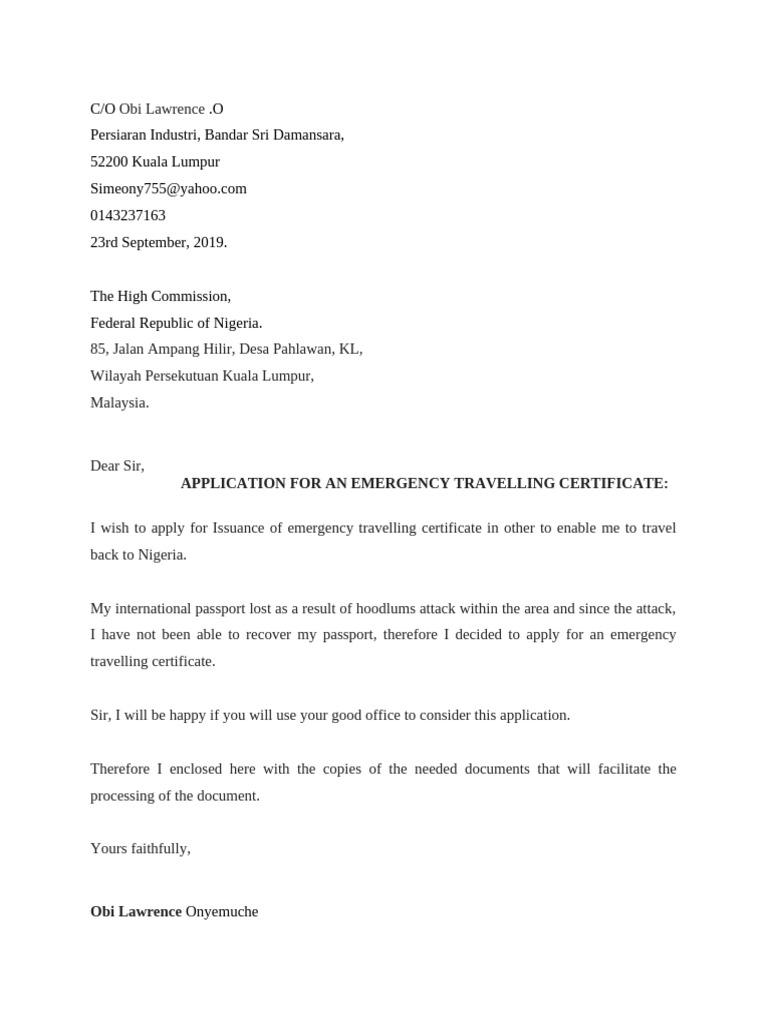 Emergency Travel Certificate Application | PDF