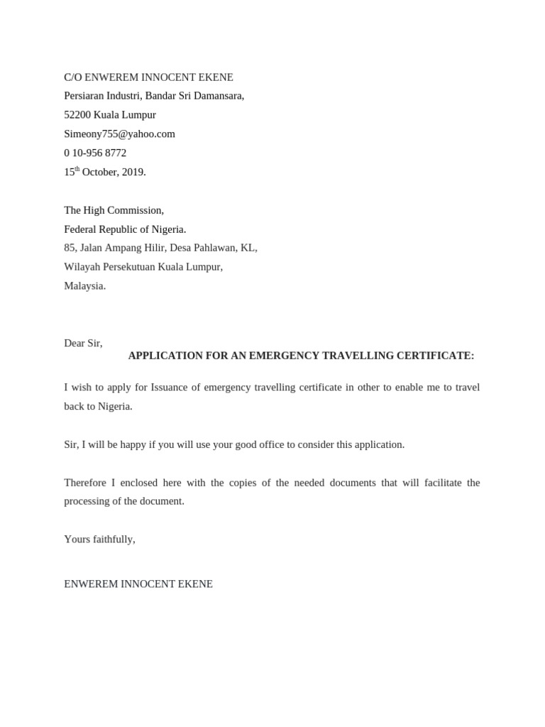 Application For An Emergency Travelling Certificate Enwerem Innocent Ekene | PDF