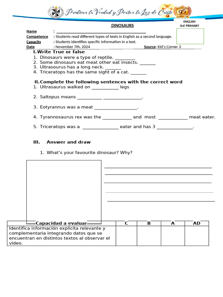 Dinosaurs Worksheet | PDF