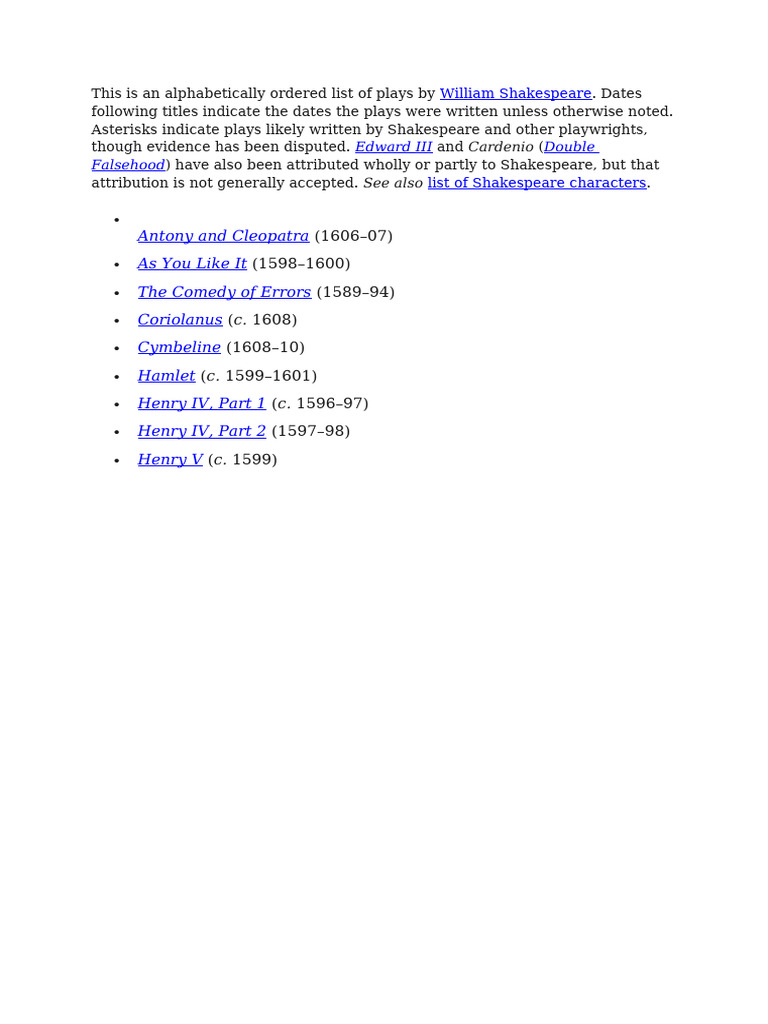 This Is An Alphabetically Ordered List of Plays by | PDF