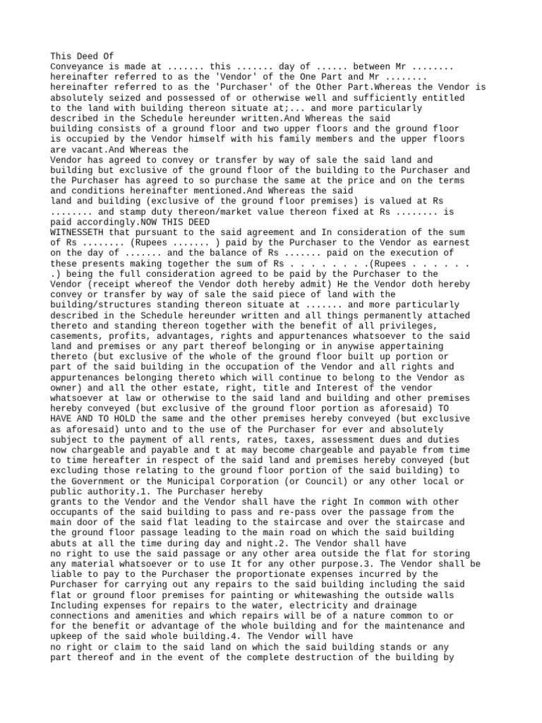 Deed of Conveyance of A Property Exclusive of A Flat or Floor in | PDF ...