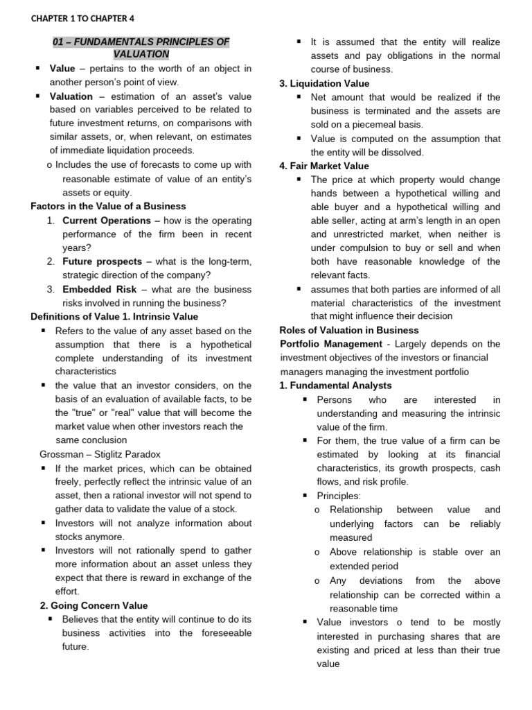 Valuation-Chap1-4 Reviewer | PDF | Valuation (Finance) | Cost Of Capital