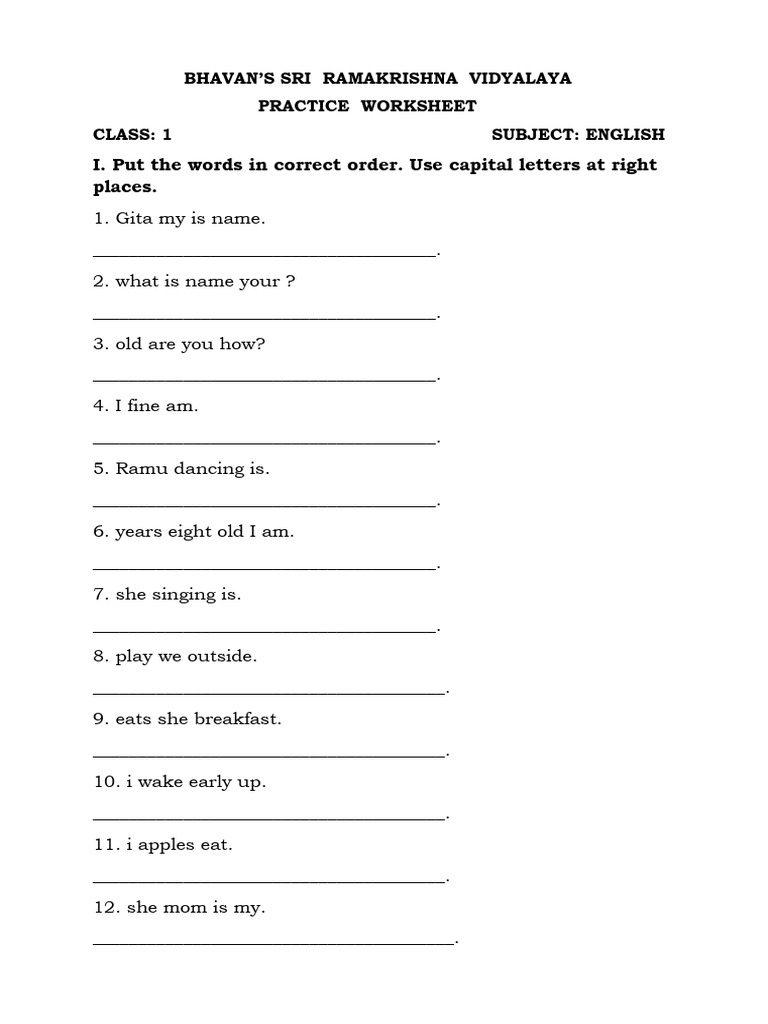 Class 1 Practice Worksheet 2 | PDF | Language Arts & Discipline ...