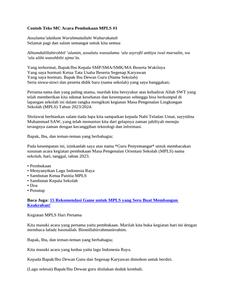 Contoh Teks MC Acara Pembukaan MPLS | PDF