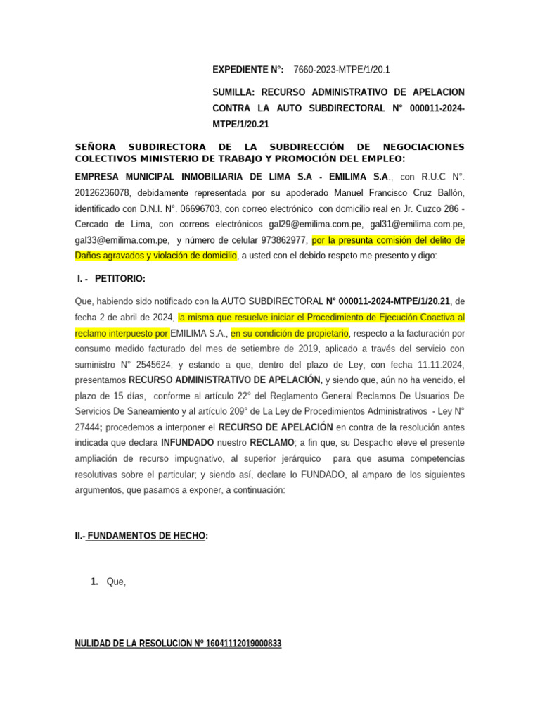 Recurso de Apelación - Emilima | PDF | Apelación | Nulo (ley)