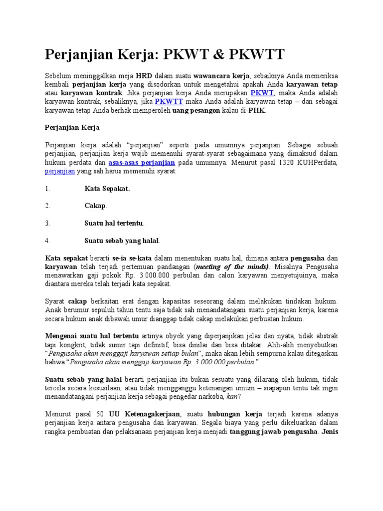 Perjanjian Kerja PKWT PKWTT | PDF