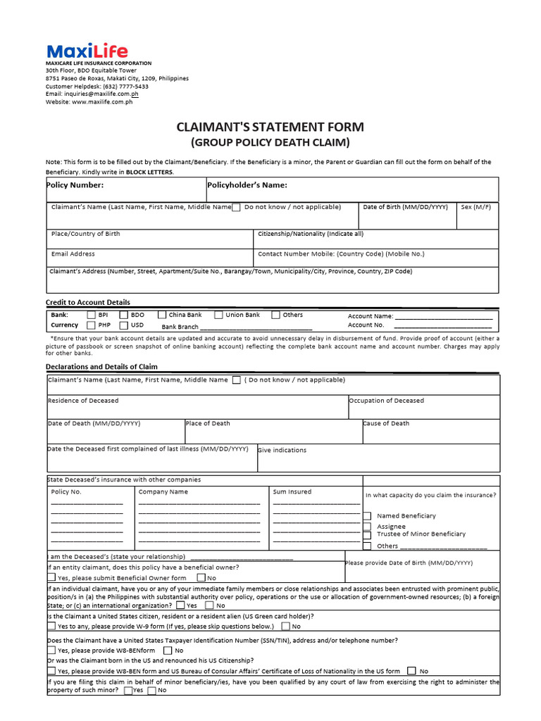 Claimants Statement Form For Death Claim 1 2 1 1 | PDF | Insurance ...