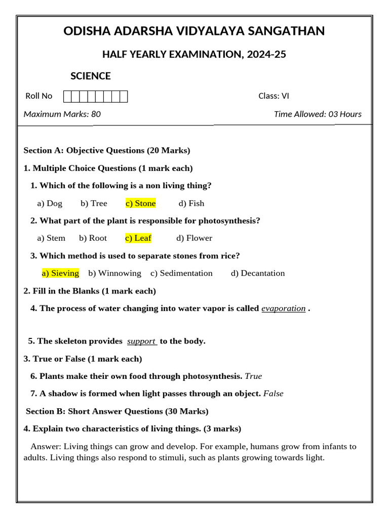 Class 6 Hindi Half Yearly Exam Sample Paper OAV | PDF | Water | Plants