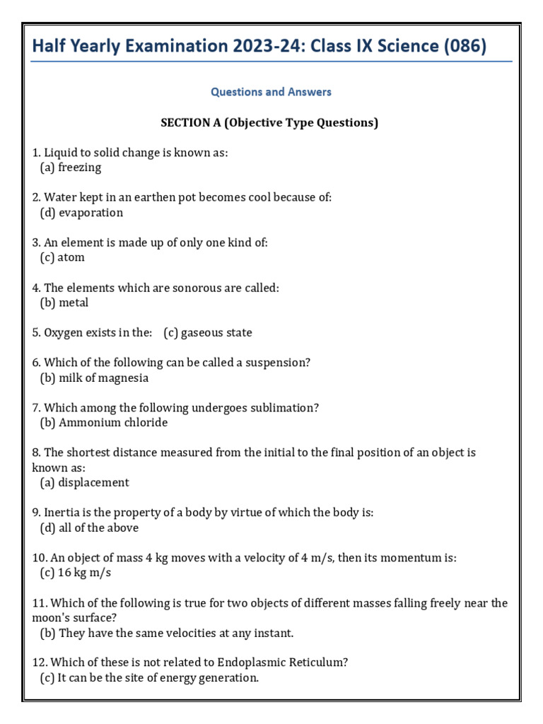 Science IX Exam QA | PDF | Force | Velocity