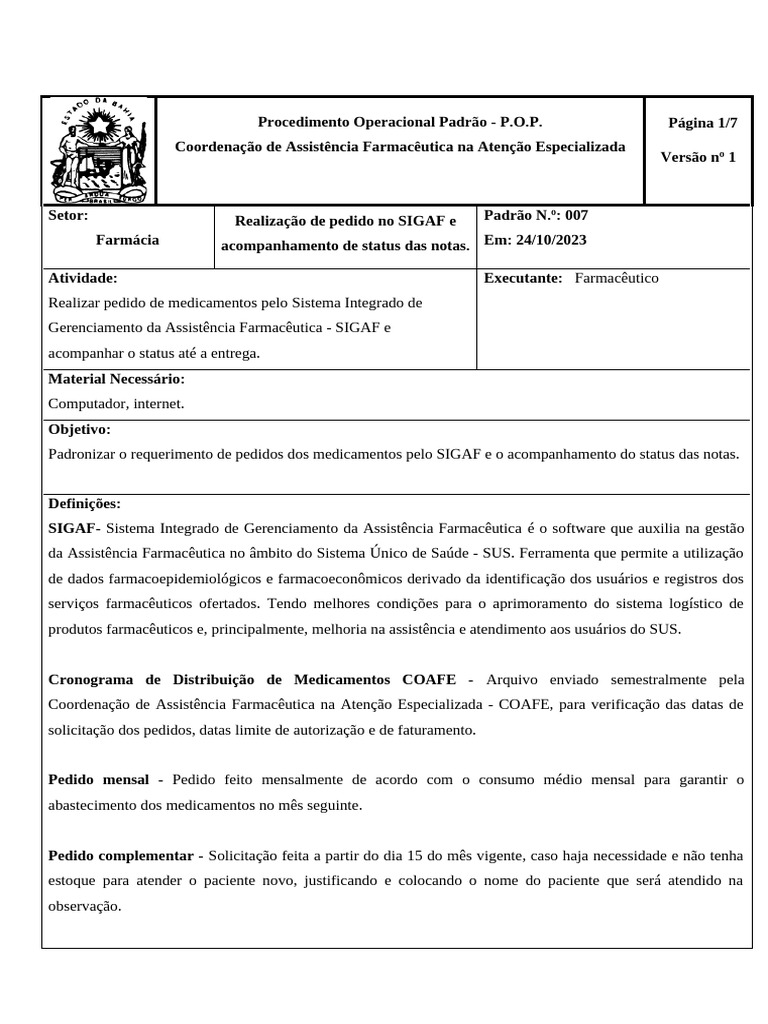 Pop 5 - Realização de Pedido No Sigaf e Acompanhamento Dasf Ok | PDF ...