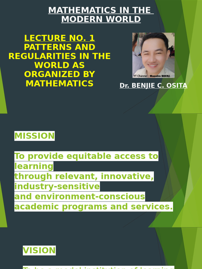 Lecture No 1 Patterns And Regularities In The World As Organized By Mathematics Pdf Pattern