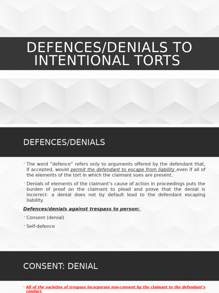 Intentional Torts Defenses Denials | PDF | Trespass | Tort