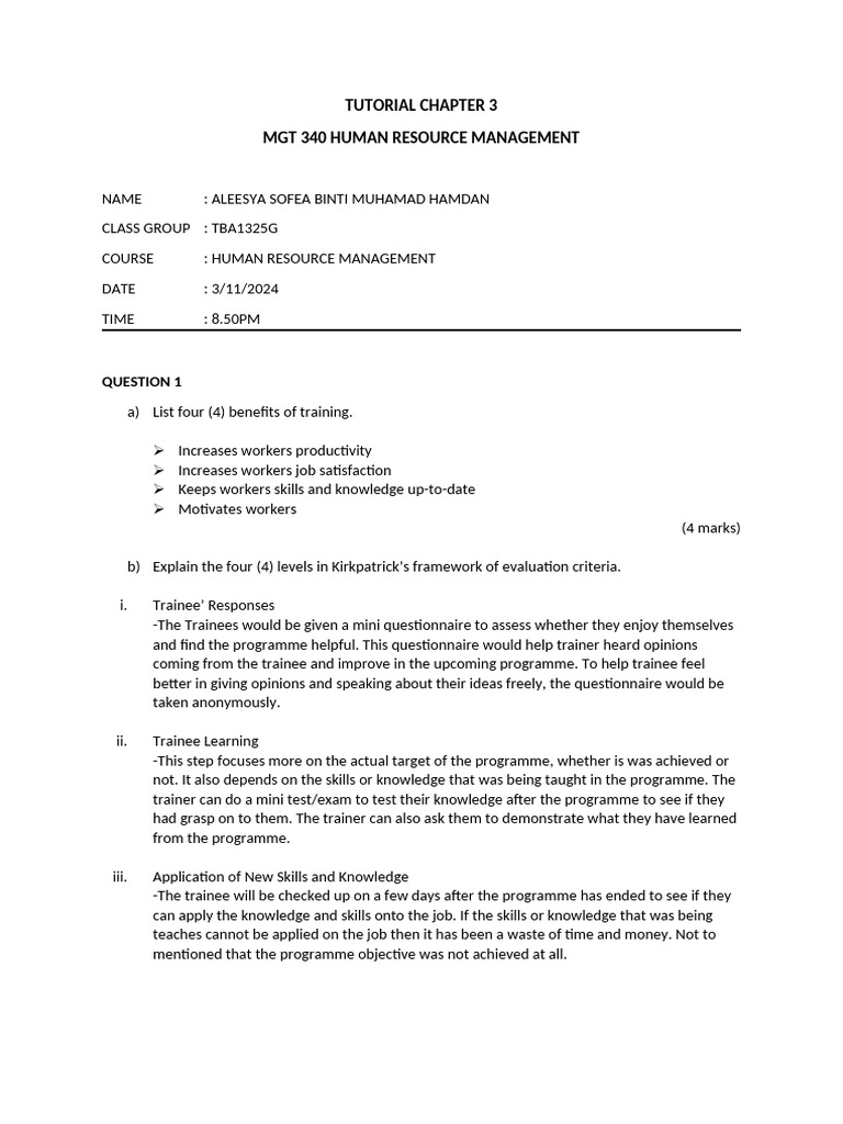 MGT340 Tutorial Chapter 3 | PDF | Employment | Learning