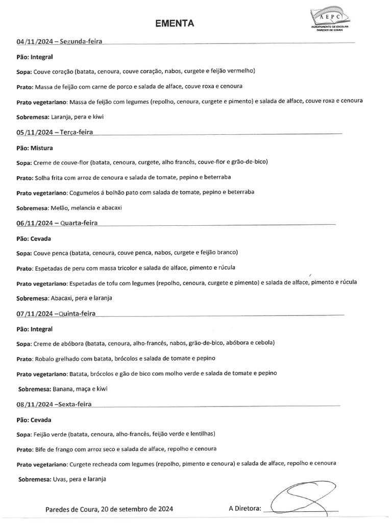 Ementa de 04-11-2024 A 22-11-2024AEPC | PDF