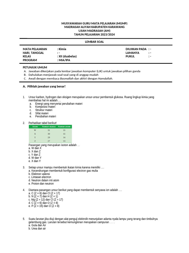 Soal AM KIMIA 2024 | PDF | Metode & Bahan Ajar | Sains & Matematika