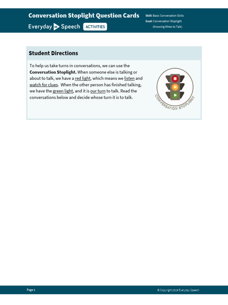 Conversation Stoplight Question Cards | PDF