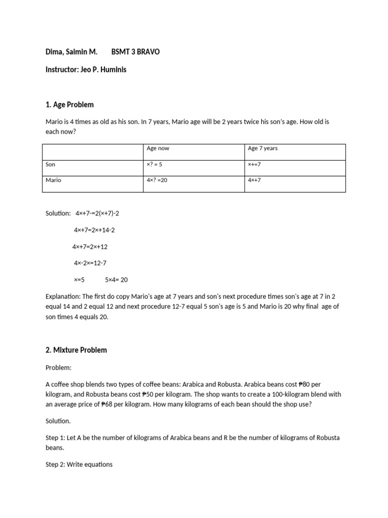 Solving Age Problem, Mixture Problem, Distance Rate and Time, Dima Saimin | PDF | Mathematics