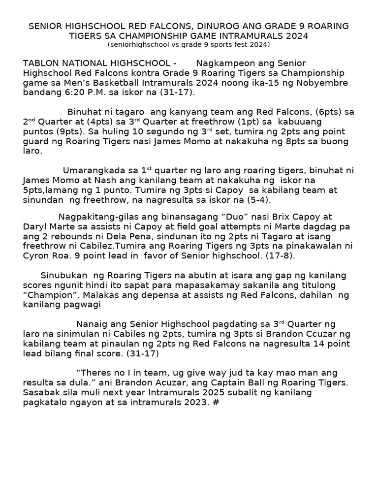 SENIOR HIGHSCHOOL RED FALCONS Vs G9 ROARING TIGERS | PDF