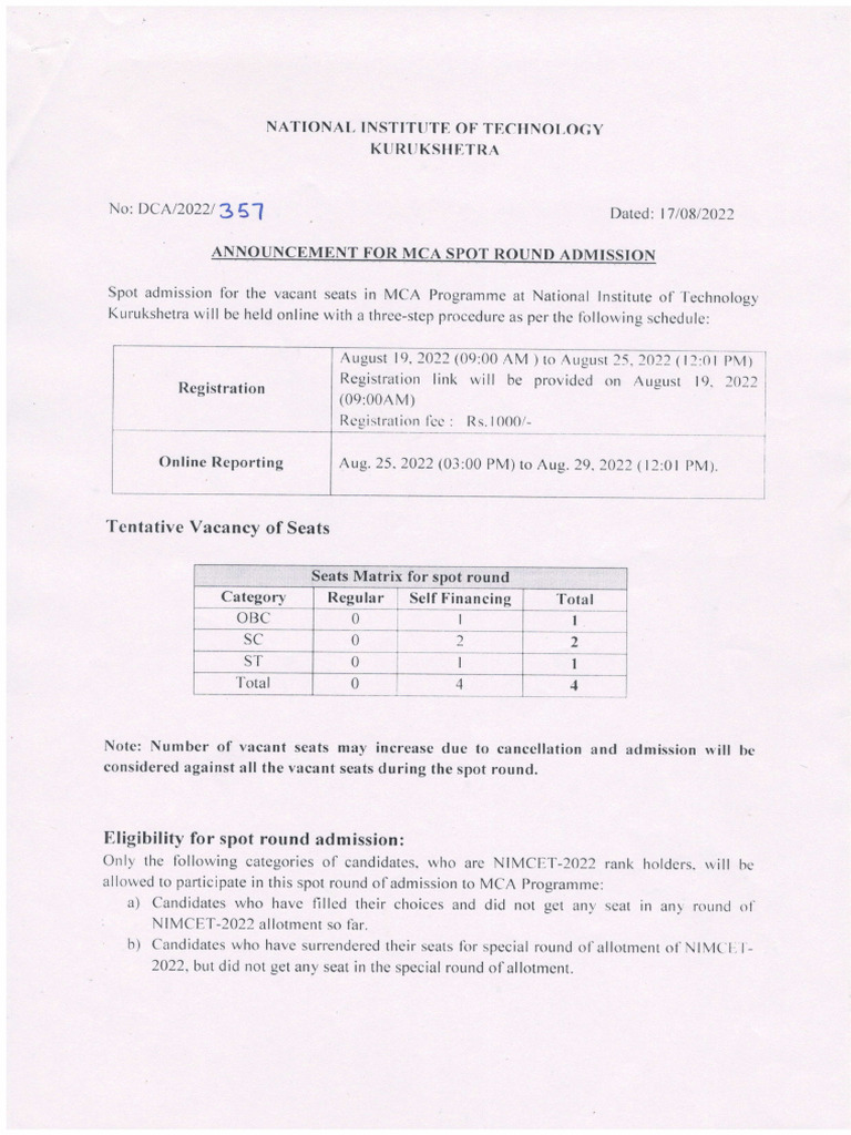 Announcement For MCA Spot Round Admission 2022 18082022 | PDF