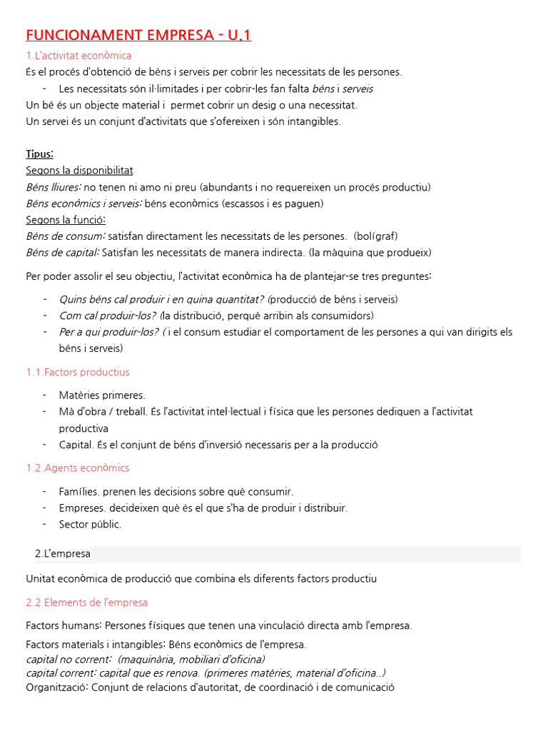 Resum Funcionament de L'empresa - U.1 | PDF