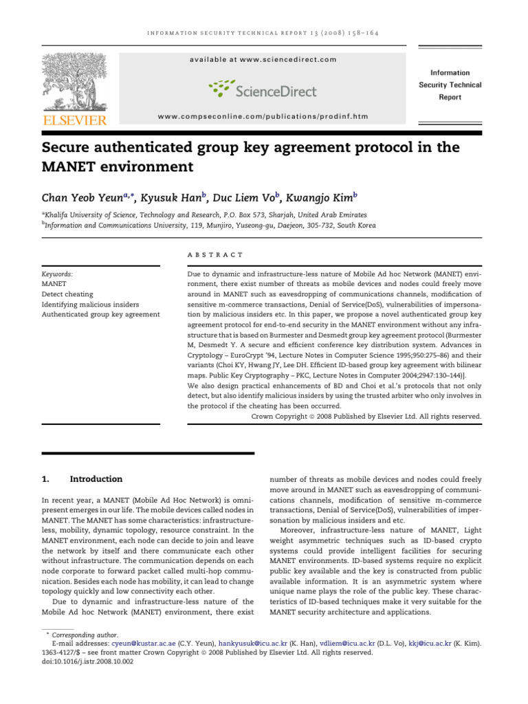 2008 Elsevier Secure Authenticated Group Key Agreement Protocol In The Manet Environment 2008