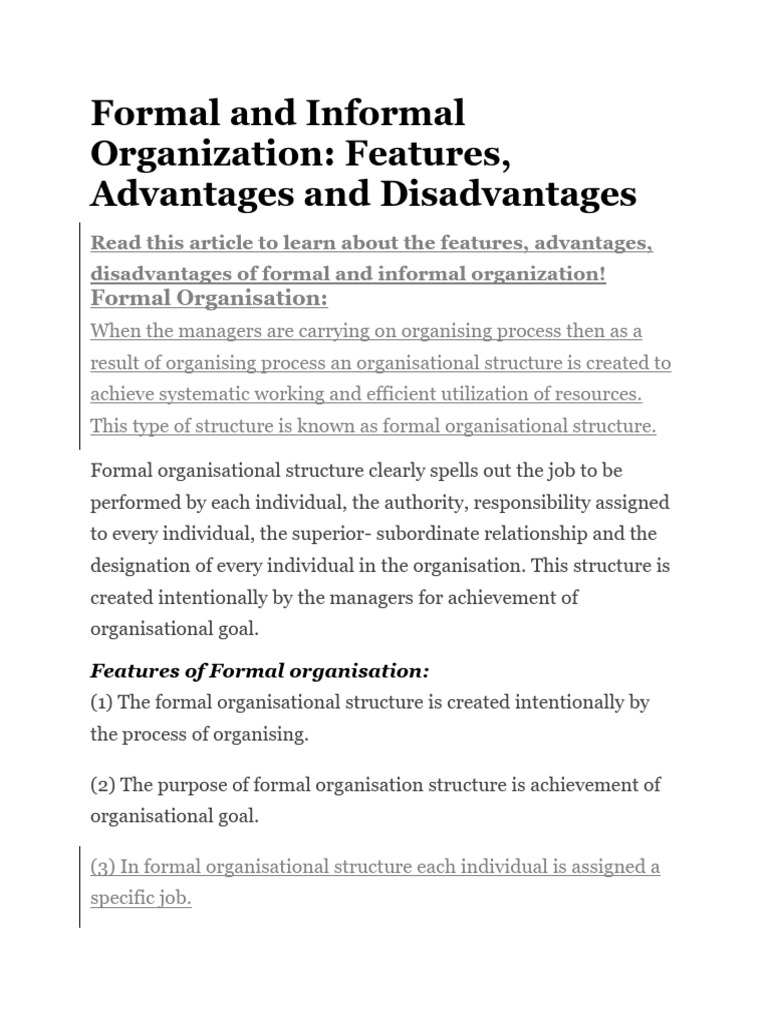 Formal and Informal Organization Features Advantages and Disadvantages ... Formal and Informal Organization Features Advantages and Disadvantages ...