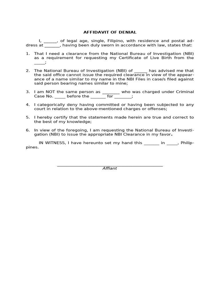 NBI Clearance Affidavit of Denial | PDF