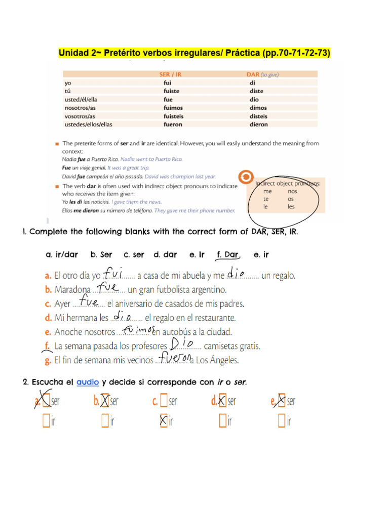 Práctica Pretérito Indefinido - Verbos Irregulares | PDF