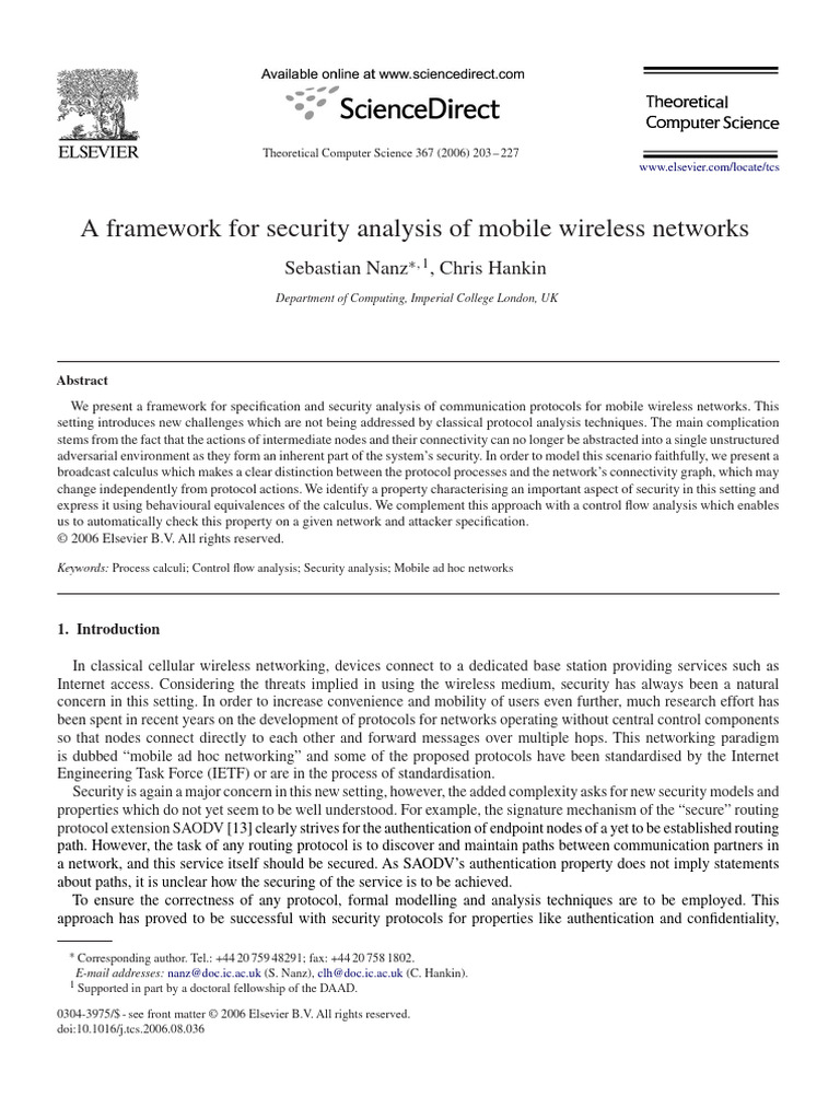 2006-Elsevier-A Framework For Security Analysis of Mobile Wireless Networks | PDF | Computer ...