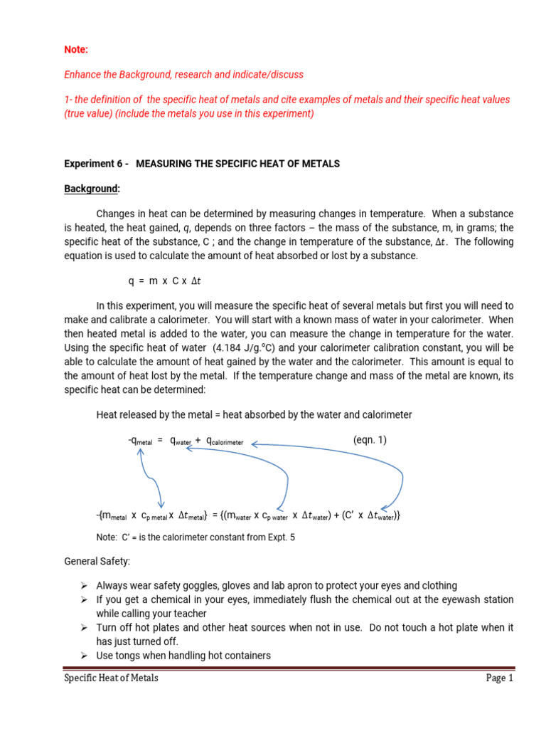 Expt 9 MEASURING THE SPECIFIC HEAT OF METALS | PDF | Heat | Scientific ...
