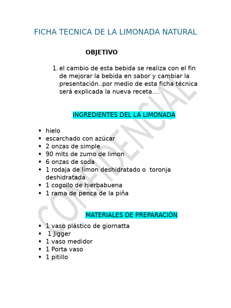 Ficha Tecnica de La Limonada Natural | PDF