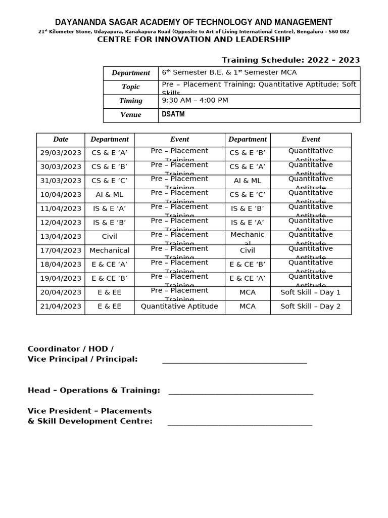 6 Semester DSATM Schedule | PDF