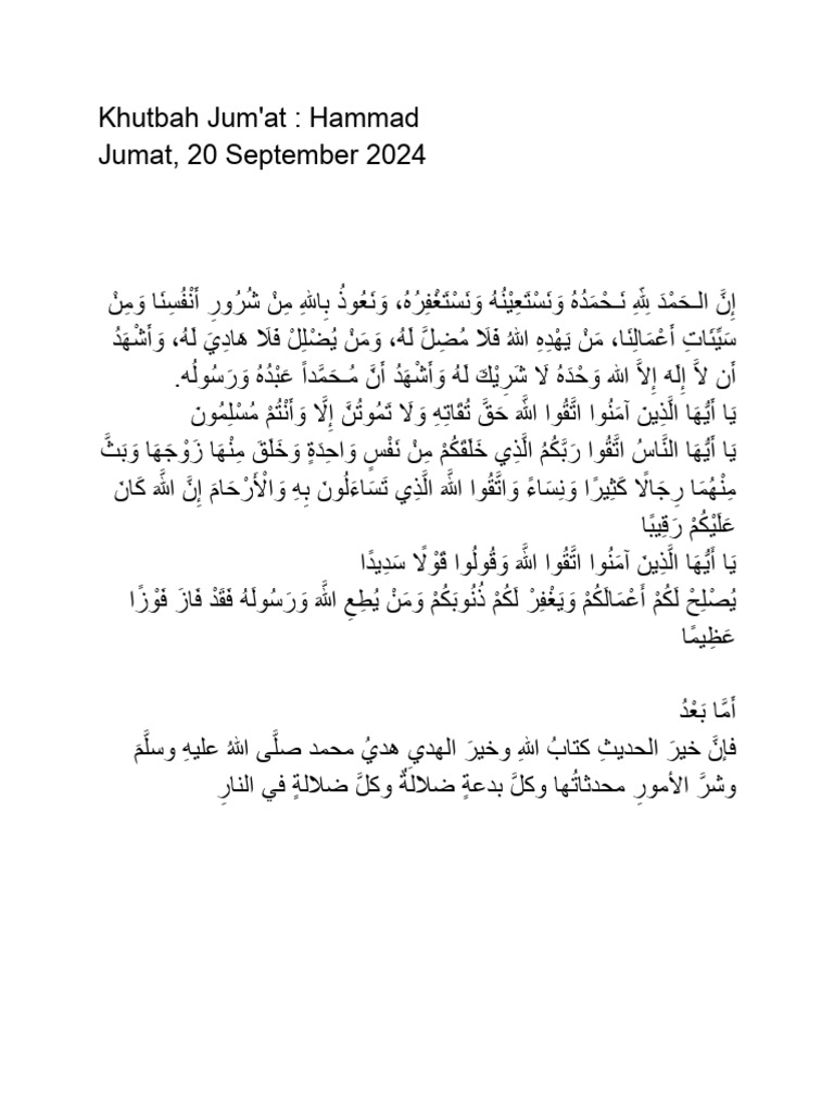 Khutbah Hammad 20 September 2024 | PDF