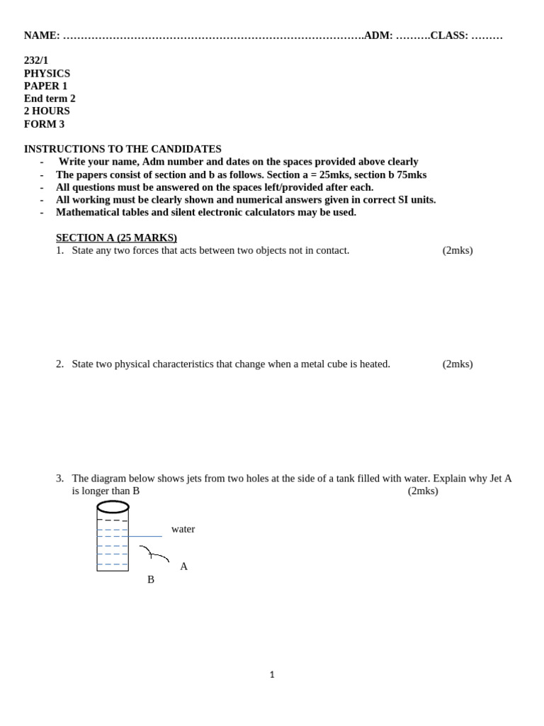 Form 3 Physics End Term 2 Exam Paper | PDF | Matter | Friction