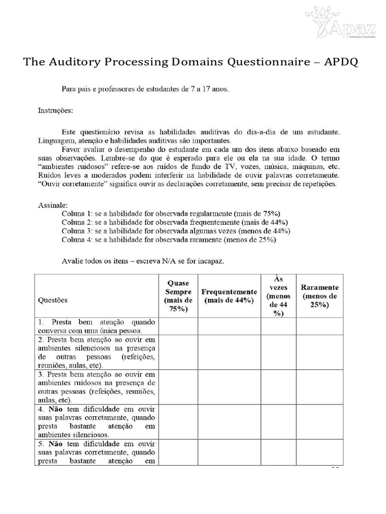 The Auditory Processing Domains Questionnaire | PDF | Bem-estar