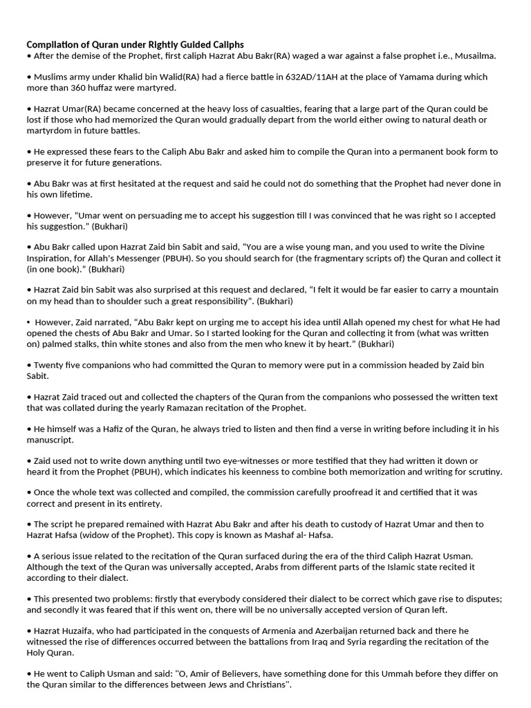 Quran Compilation by Early Caliphs | PDF | Quran | Islam