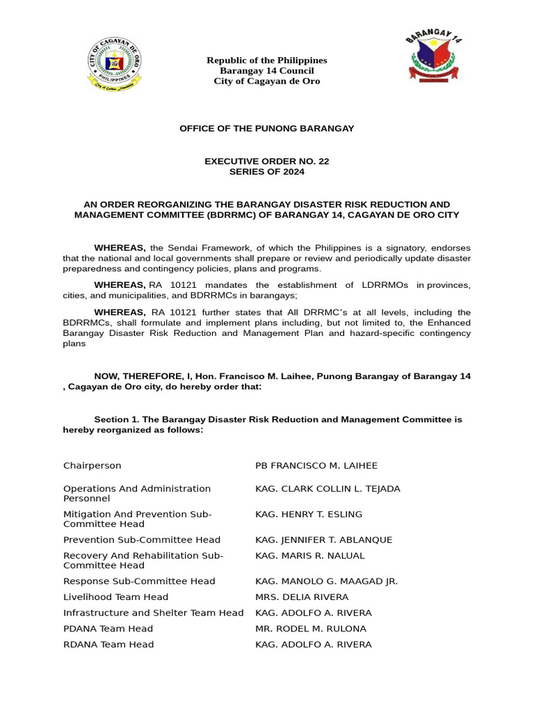 Reorganization of BDRRMC in Barangay 14 | PDF | Emergency Evacuation ...