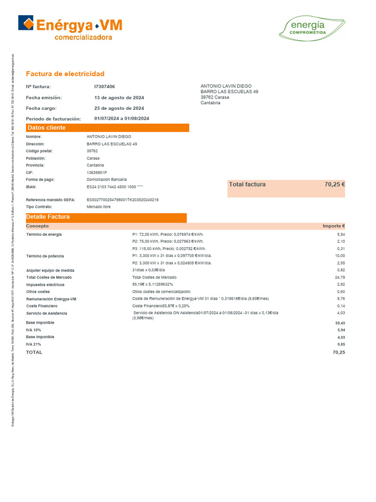 Factura de Electricidad Enérgya VM | PDF